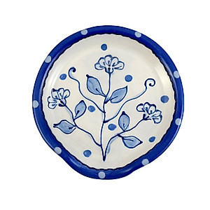 American Made Terracotta Pottery Kitchen Spoon Rest, Delft-Style Wildflower Blue