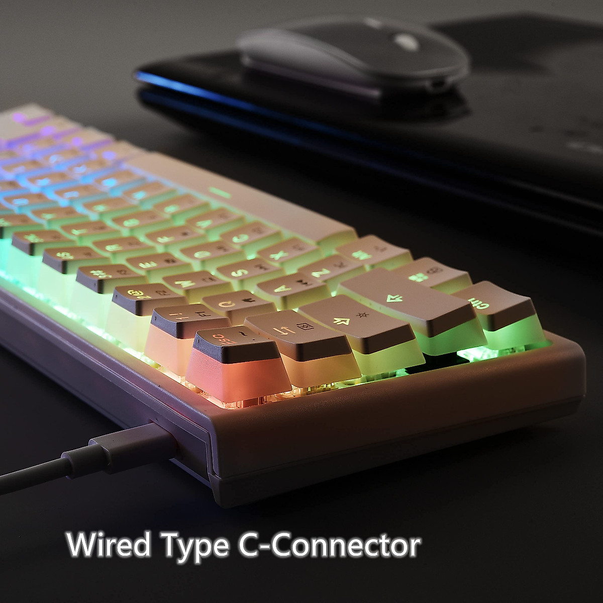 KKV 61 Keys RGB Mechanical Gaming Keyboard,60% Layout Compact PBT Keycaps Mini Design 18 RGB Mode Wired Type-C Mechanical Keyboard for Game and Work (Cherry White)