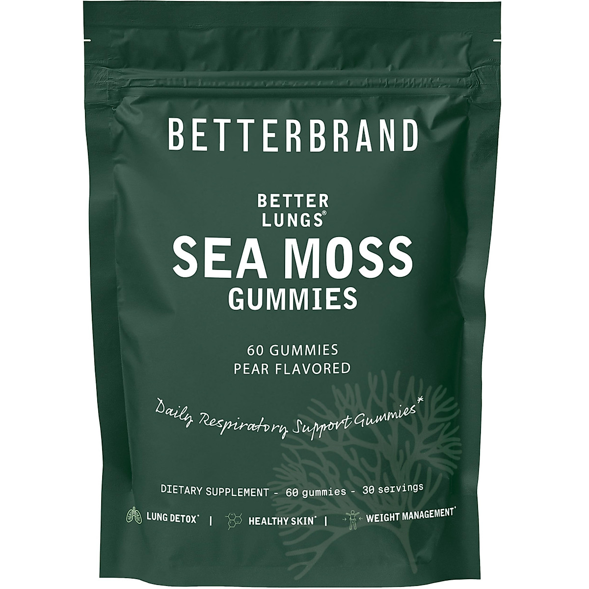 Betterbrand BetterLungs Pear Flavored Sea Moss Gummies - 1600mg Bladderwrack & Burdock Root for Lung & Immune Support, 60 Count