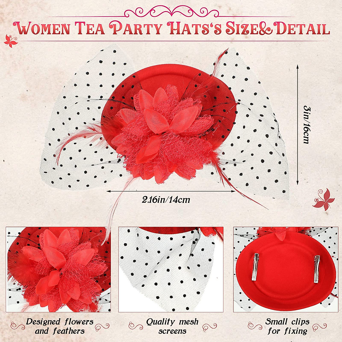 Jeyiour 9 Pcs Fascinators Hats Tea Party Hats for Women with Veil Flower 20s 50s Feather Pillbox Hat with Clips, 9 Colors (Multi Colors)