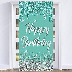 Teal Silver Birthday Door Banner Decorations, Breakfast Blue Birthday Theme Sign Decor for Girl Women, Sweet 16 18th 21st 30th 40th 50th 60th Birthday Party Supplies