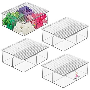 mDesign Plastic Stackable Toy Storage Bin with Hinged Lid, 4 Divided Compartments for Organizing Playroom, Kids' Room - Container for Small Toys, Craft and School Supplies + 24 Labels - 4 Pack - Clear