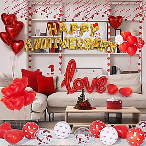 Anniversary Decorations Valentines Day Decorations Valentines Day Balloons with Happy Anniversary Banner Heart Balloons Heart Hanging String Rose Petals for Valentines Romantic Decorations