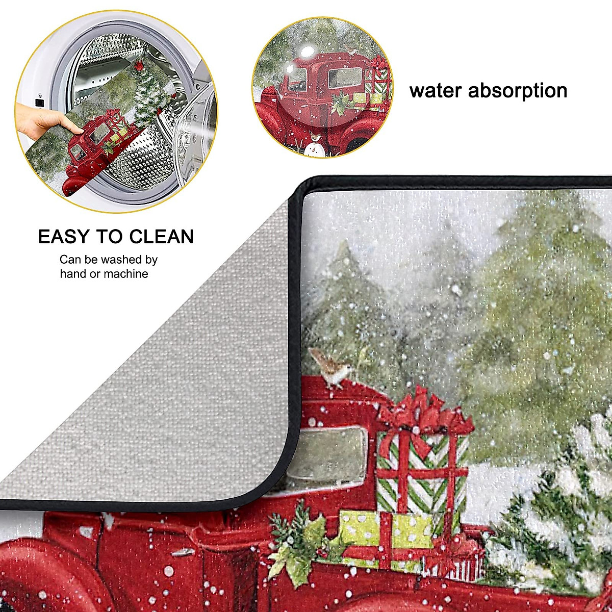 C.IOPMNU Christmas Red Truck Dish Drying Mat - 18" x 24" Microfiber Dish Mat Absorbent Drying Pad Heat-resistant Dish Drainer Mats for Kitchen Countertop