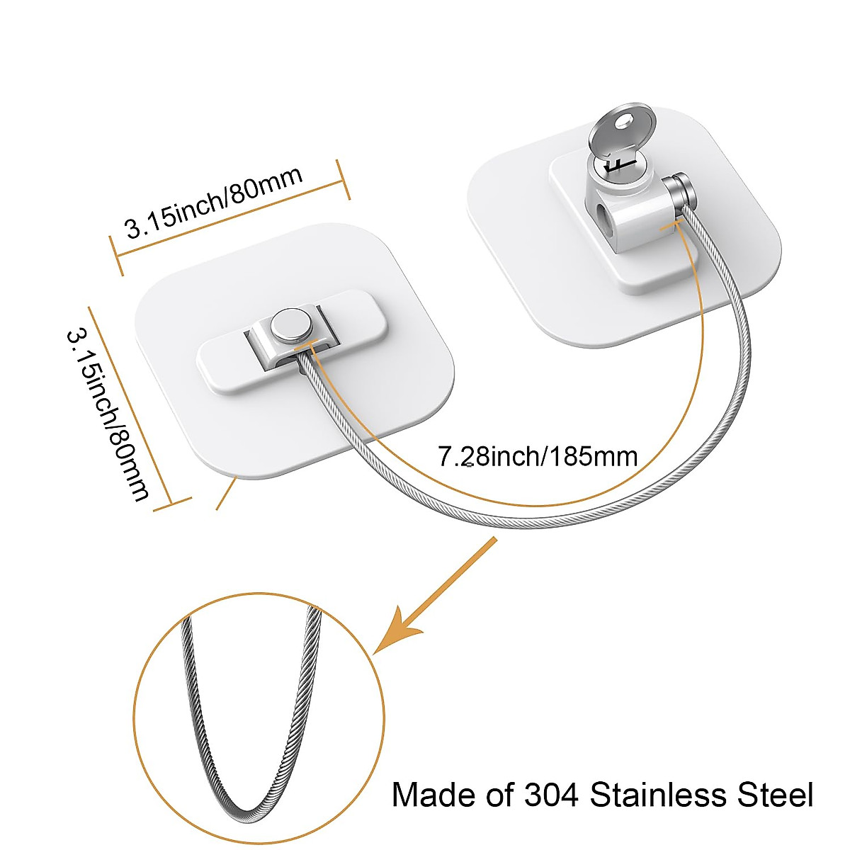 White Fridge Lock, 2 Pack Refrigerator Lock with 4 Keys, Fridge Locks for Kids Proof, Freezer Lock and Drawer Lock, No Tools or Drilling Required, Adult Safety Locks for Pantry, Freezer, and More