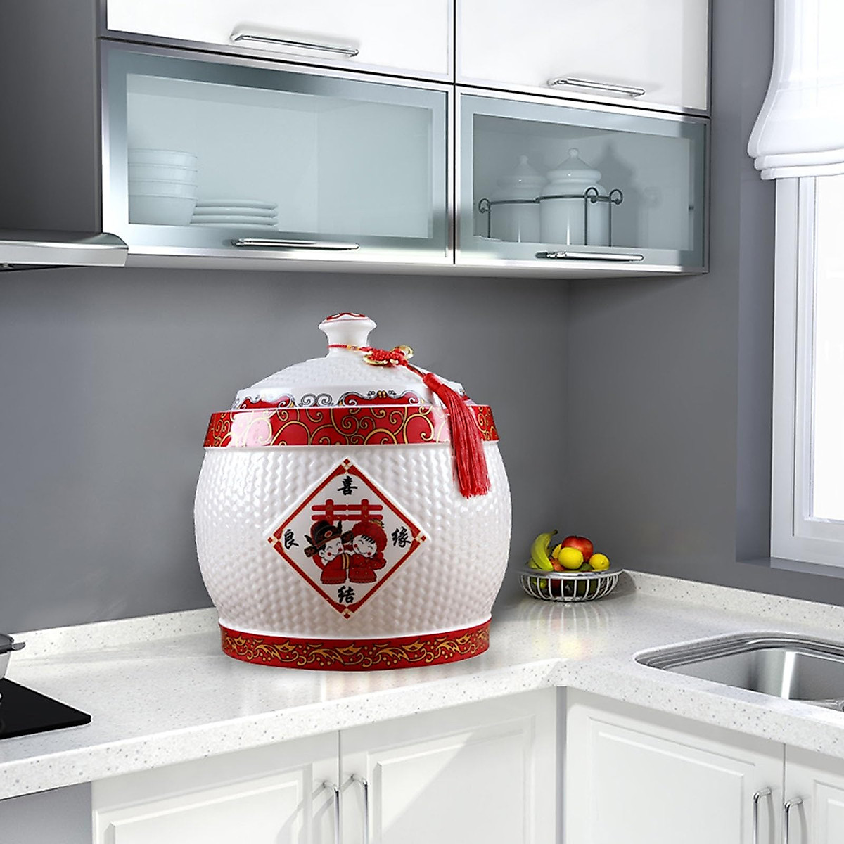 Ceramic Rice Jar With Lid Traditional Chinese Style Food Storage Jars Classic Food Dispensers Ceramic Household Rice Storage Box With Lid Suitable For Cereal, Flour, Sugar, Coffee, Rice(C-30*30*35cm)