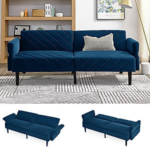 ONEMMLION 78" Futon Sofa Bed, Small Sofa, Loveseat, Convertible Futon Couch Adjustable Armrests and Backrests, Velvet Modern Tufted Sleeper Bed for Living Room, Bedroom, Blue