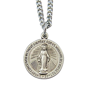 Womens Sterling Silver Virgin Mary Miraculous Medal Round Pendant, 5/8 Inch