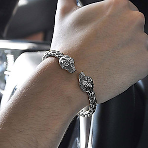 Forziani TENACITY Double Skull Steel Cuff Bracelet for Men - Adjustable Size - Men's Open Cuff Bangle Bracelet in Stainless Steel - One Size Fits All