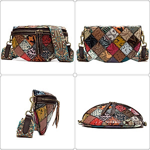 Womens Multicolor Small Crossbody Purse Genuine Leather Block Patchwork Shoulder Bag Boho