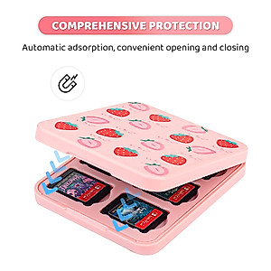 FANPL Game Case Holder for Nintendo Switch/ OLED/ Lite,12 Game Card and 12 Micro SD Card Slots Portable Storage Case for Switch, Cute Switch Cartridge Box with Hard Shell & Soft Liner-Pink Strawberry