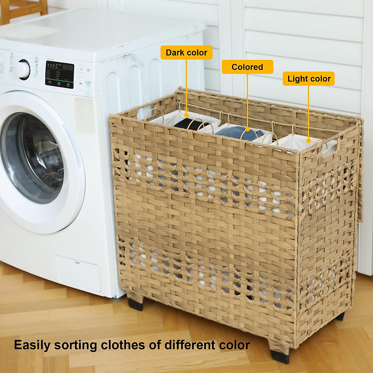 OIAHOMY Laundry Hamper with Lid, 135L Clothes Hamper with 3 Removable Liner Bags, Foldable Laundry Hamper for Bedroom, Synthetic Wicker Hamper with Lid, 27x 13 x 26 Inches, Yellow