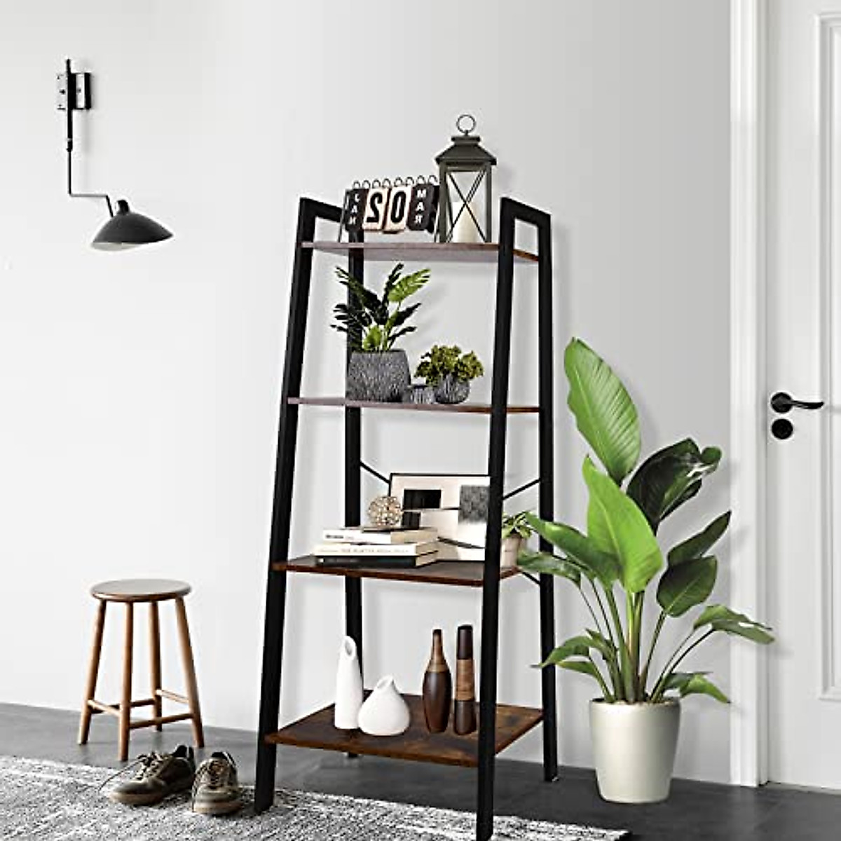 ECOMEX 4-Tier Ladder Shelf Industrial Bookshelf, Ladder Bookshelf Open Storage Rack Wood Ladder Shelf with Metal Frame, Freestanding Storage Shelves for Home Office, Bedroom (Rustic Brown)