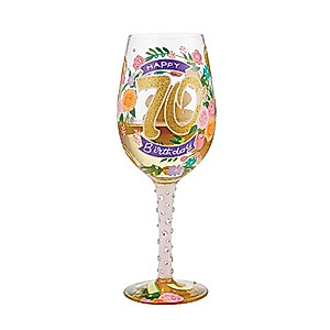 Enesco Designs by Lolita Happy 70th Birthday Hand-Painted Artisan Wine Glass, 1 Count (Pack of 1), Multicolor
