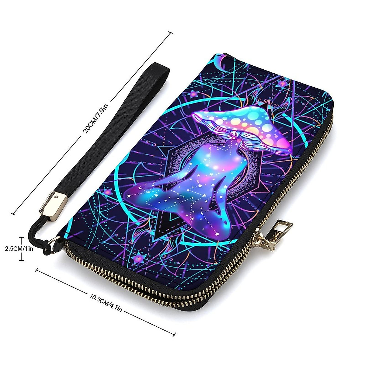 Women's Clutch Wallet Bag,Psychedelic Magic Mushrooms over Sacred Geometry Long Leather Wallets with Wristlet Strap Zipper Around Credit Card Holder GIft-TPU Durable Shockproof Lightweight Waterproof