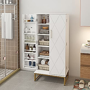 kepptory 51” Pantry Cabinets, White Freestanding Kitchen Pantry Storage Cabinet with Adjustable Shelves, Buffet Cupboards Storage Cabinet for Home Office Use, White + Gold