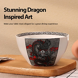 Hagary Dragon Ramen Bowl with Chopsticks Ceramic Bowl Stainless Steel Chopsticks Japanese Style Udon Miso Noodle Soup Bowls Housewarming Wedding Gifts Designed in Korea (Black, 30oz)
