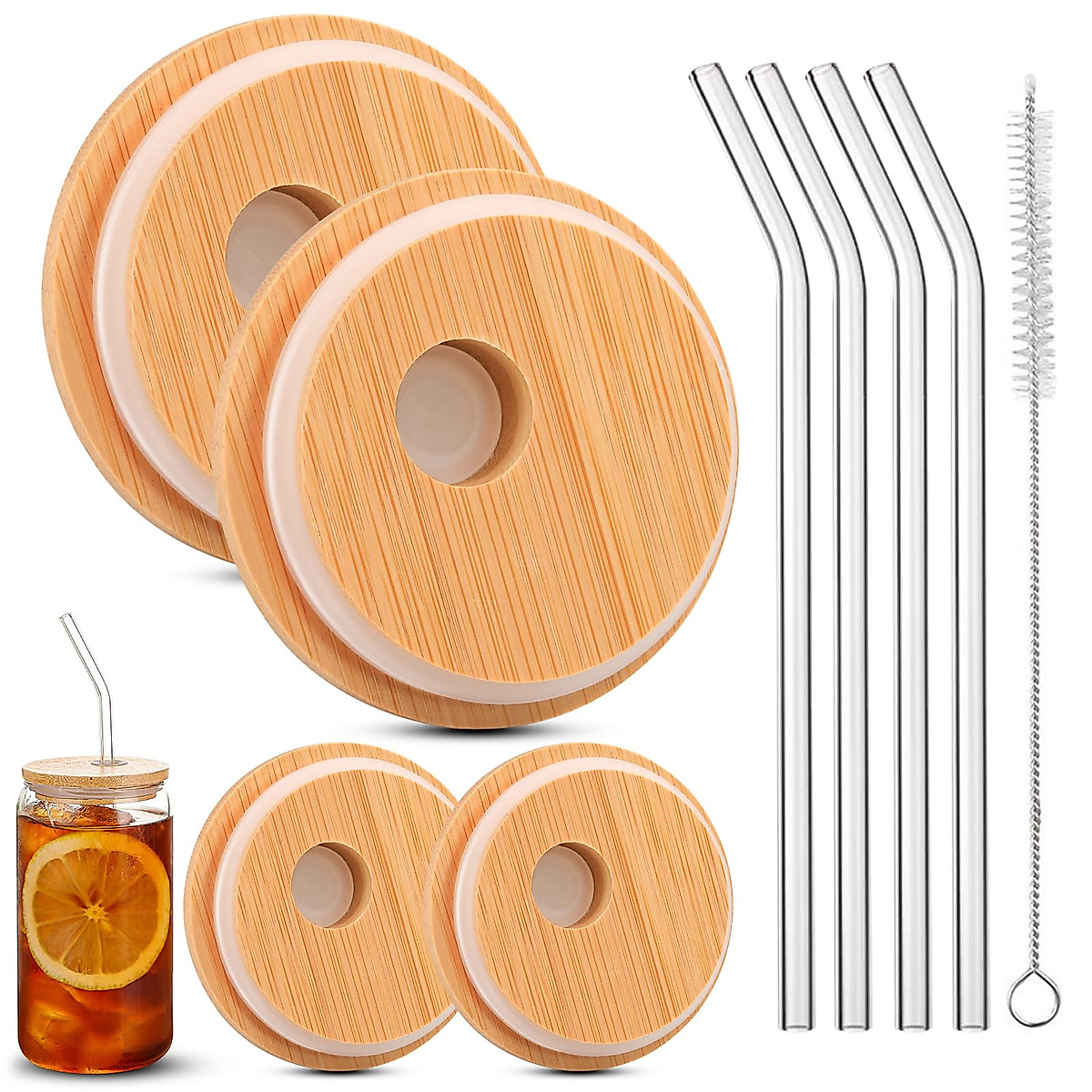 4 Pack Bamboo Lids For Glass Cups,Cymuber Reusable Wooden Lids for Glass Cups,Fit for 2.36 inch/60mm Internal Diameter Airtight Regular Mouth with Canning Lids for Drinking jars, Beer Glasses,Soda Can