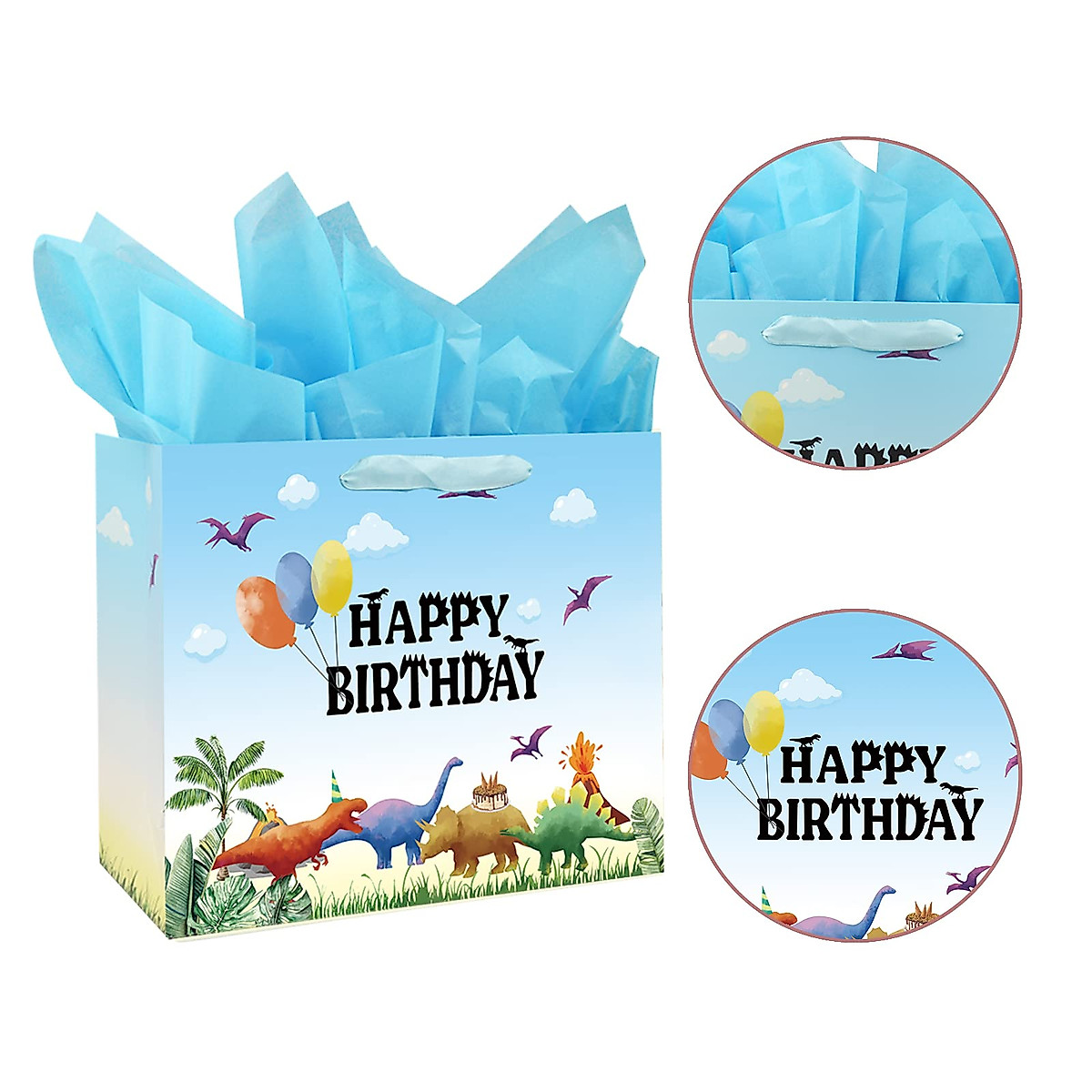 13" Large Watercolor Dinosaur Birthday Gift Bag for Boy Kids with Card and Tissue Papers