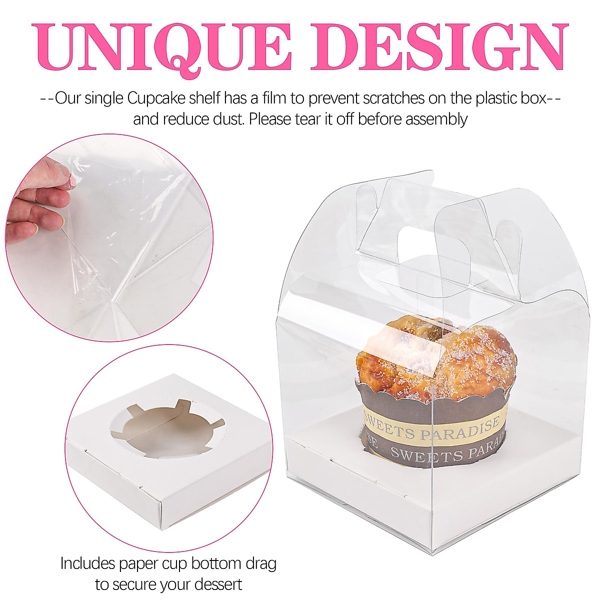 LOKQING 30 PCS Individual Cupcake Containers Single Cupcake Boxes with Handle and Inserts Clear Plastic Favor Boxes