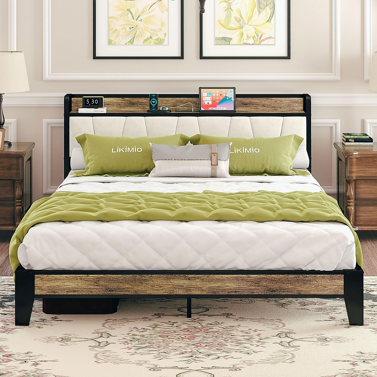 LIKIMIO Full Size Bed Frame, Storage Headboard with Charging Station, Solid and Stable, Noise Free, No Box Spring Needed, Easy Assembly (Walnut and Beige)