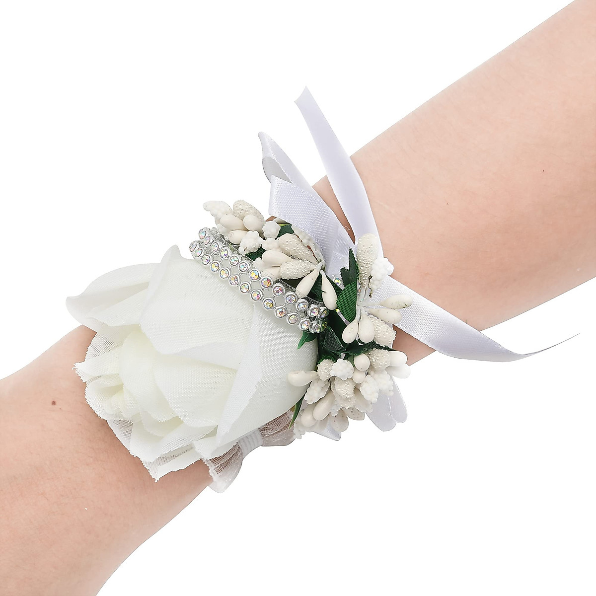 Febou Wrist Corsage 4 Packs Wedding Bridal Wrist Flower Rose Wristband Corsage Flower for Bride Bridesmaid Perfect for Wedding, Prom, Party (4 Packs, Wrist-White)