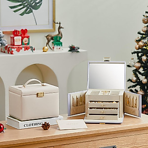 Vlando Velvet Jewelry Organizer Box for Women, Large Leather Jewelry Storage Box with Locked, Mirrored, 3 Drawer for Watch Necklace Ring Earring Storage, Gift for Girl Women and Mom - Purple