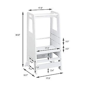 Kid's Wooden Kitchen Step Stool, 220lbs Capacity, Adjustable Platform Standing Tower, with Safety Guardrail Child Studying Tower, Toddler Stool for Bathroom, Cooking Helper（White