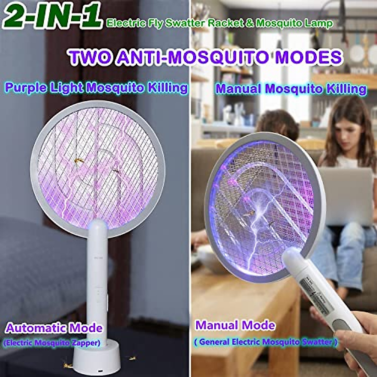 Amoszap Electric Fly Swatter Racket & Bug Zapper Racket, 2 in 1 Smart Mosquito Swatter with USB Rechargeable Base,with 4-Layer Safety Mesh,for Indoor and Outdoor