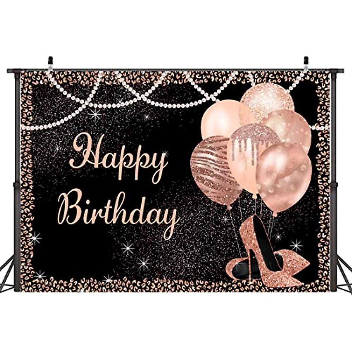 Wollmix Rose Gold Happy Birthday Decorations for Women Banner Backdrop 7x5ft Party Sweet 16 Girls Balloons Glitter Dots High Heels Photography Background Supplies Photo Booth Studio Cake Table