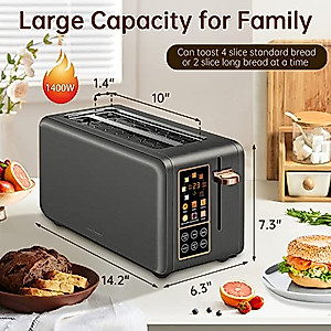 SEEDEEM Toaster 4 Slice, Long Slot Toaster with LCD Display Touch Buttons, 7 Shade Settings, 6 Bread Selection, Stainless Steel Toaster for Bagel, Defrost, Cancel, Removable Crumb Tray, 1400W, Dark Metallic