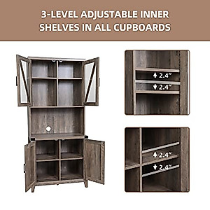 YUSING 67” Kitchen Pantry Cabinet, Buffet Hutch with Microwave Stand and Drawer. Storage Cabinet with Glass Doors and Shelves