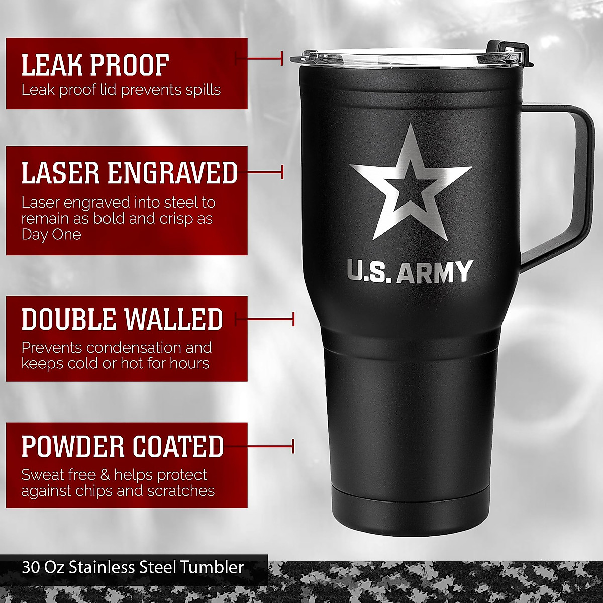 Military Veteran Products 30 Oz US ARMY Black Double Wall Vacuum Insulated Stainless Steel Army Tumbler with Handle | Travel Mug with Leakproof Lid