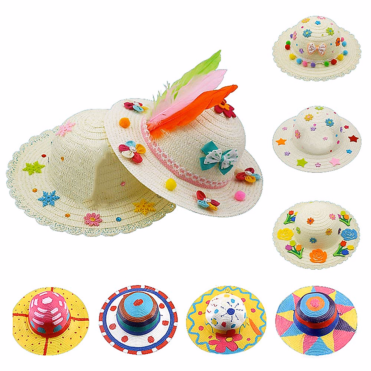 Only Lovuu 10Pcs DIY Straw Hats Set, 5 Laciness White Straw Hats + 5 Round White Straw Hats for Kids Creative Art Painting & DIY Tea Party Dress Up Hats