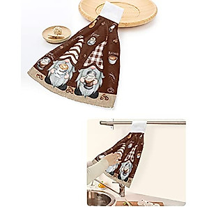 BOBOWUNY Brown Gnomes 2 Pcs Hanging Kitchen Hand Towels, Farmhouse Coffee Casual Time Super Soft Microfiber Tie Towels Aborbent Washcloth for Bathroom Oven Tea Bar