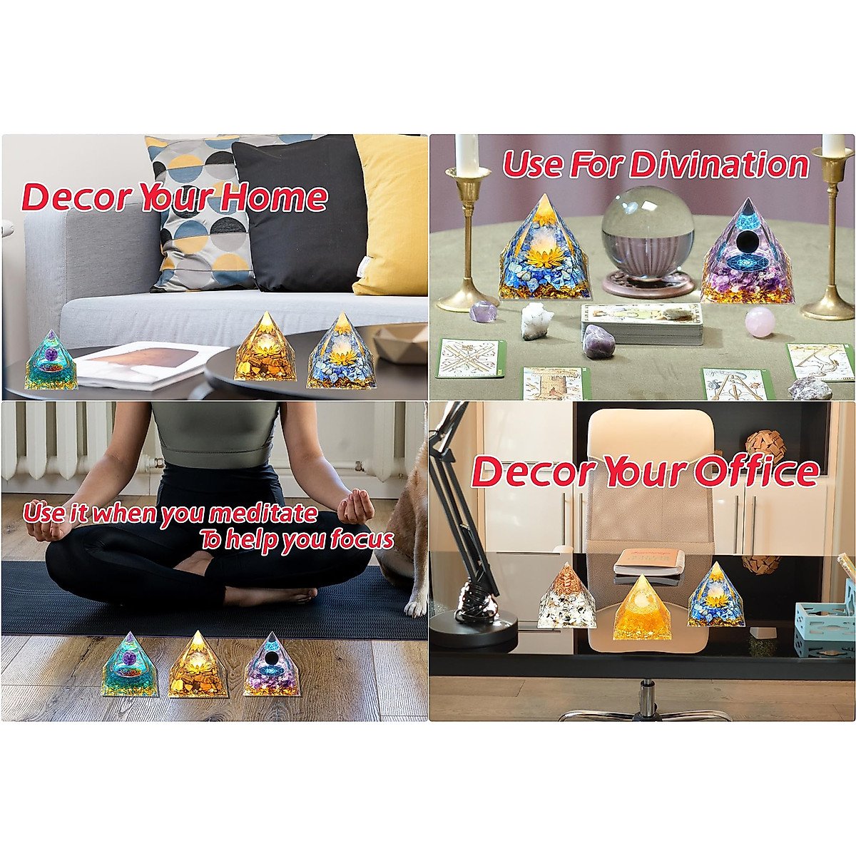 YATOJUZI 2.4" Orgone Pyramid Healing Crystals Stones Green Aventurine Chakra Reiki Ornaments Orgonite Gemstone Lucky Reiki Positive Energy Balancing Decors Home Office Desk Decor Gifts for Women Men