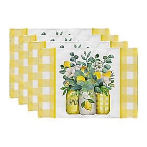 GEEORY Lemon Summer Placemats 12x18 Inch Set of 4 Yellow Vase Spring Table Mats Farmhouse Rustic Holiday Kitchen Dining Table Decoration for Indoor Outdoor Dinner Party Décor GP082-18
