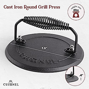 Grill Press - Cast Iron Burger Press for Bacon, Steak and Smashed Hamburgers - 7.5"-inch Diameter Round Pre-Seasoned Heavy Duty 4-lb. Weight Sandwich and Panini Maker - Griddle, BBQ Grill Accessory