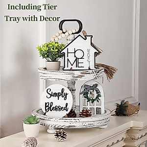 Houmury Set of 9 Farmhouse Tiered Tray with Tier Tray Decor 1 Artificial Succulent Plant & 1 Artificial Plant for Rustic Home Sweet Home Kitchen Decor Tier Tray Decor Set (Set of 9-with Tiered Tray)
