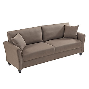 mikibama 85 Inches Mid-Century Modern Couch 3 Seater Long Sofa with 2 Throw Pillows Linen Fabric Upholstered Sofa with Rolled Armrest for Living Room, Bedroom (Light Brown)