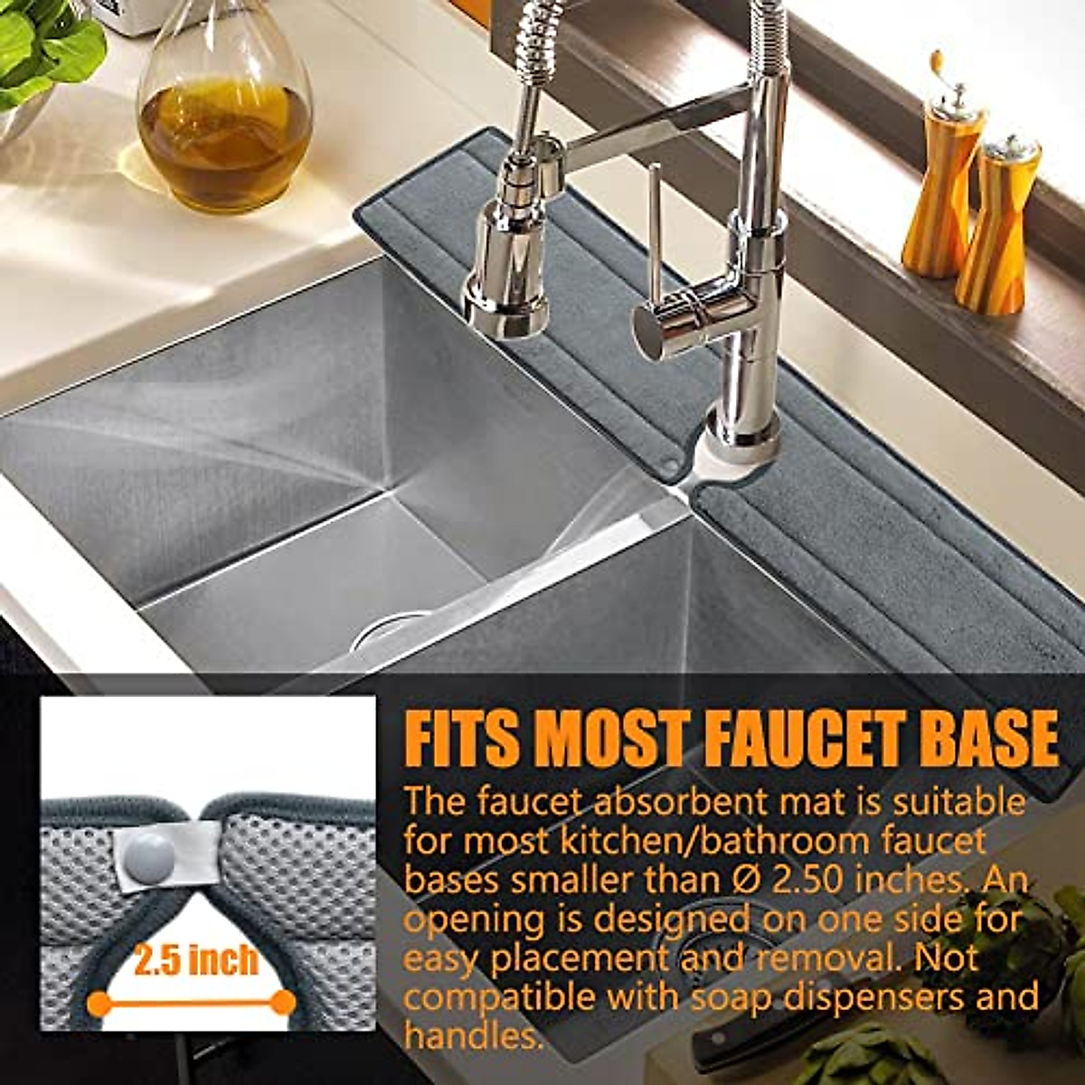 Faucet Absorbent Mat - 24 inch Microfiber Drip Catcher Kitchen Sink Splash Guard Quick Drying Sink Mats For Kitchen Sink, Bathroom, Counter Top, Farmhouse