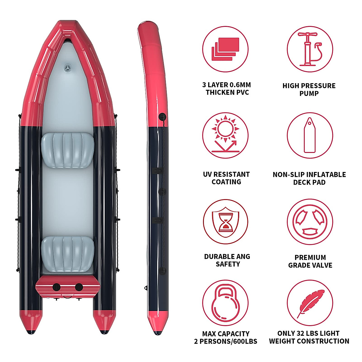 AZXRHWYGS 10 ft Inflatable Boat, 2 Person Kayak, Red, PVC Material, Fishing, Travel, with Aluminum Oars, Hand Pump, Carry Bag