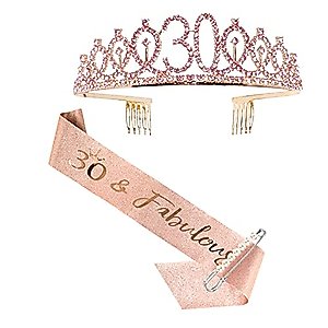 30th Birthday Sash and Tiara for Women, Rose Gold Birthday Sash Crown 30 & Fabulous Sash and Tiara for Women, 30th Birthday Gifts for Happy 30th Birthday Party Supplies