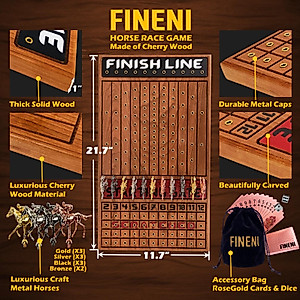 FINENI Horse Racing Game for Adults, Horse Race Board Game with 11 Luxurious Metal Horses (Gold, Silver, Black, Rose Gold), 22” Cherry Wood Horse Race Game Board, Dice & RoseGoldCard Included (Cherry)