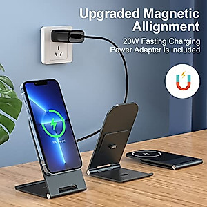 Magnetic Wireless Charger Compatible with iPhone 14-13-12 Series，Mag-Safe Charger + 20W USB-C Power Adapter, Folding Aluminum Alloy Wireless Charger Stand for Phone 14/13/12 Pro Max/Pro/Mini