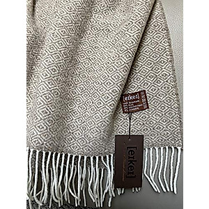 Eikei Wool Throw Blanket Geo Diamond Pattern Oversized Couch Throw Blanket Fringe Trim Soft Merino Woolen Afghan Minimalist Style Lightweight Machine Washable (Mocha, 55Wx78L)
