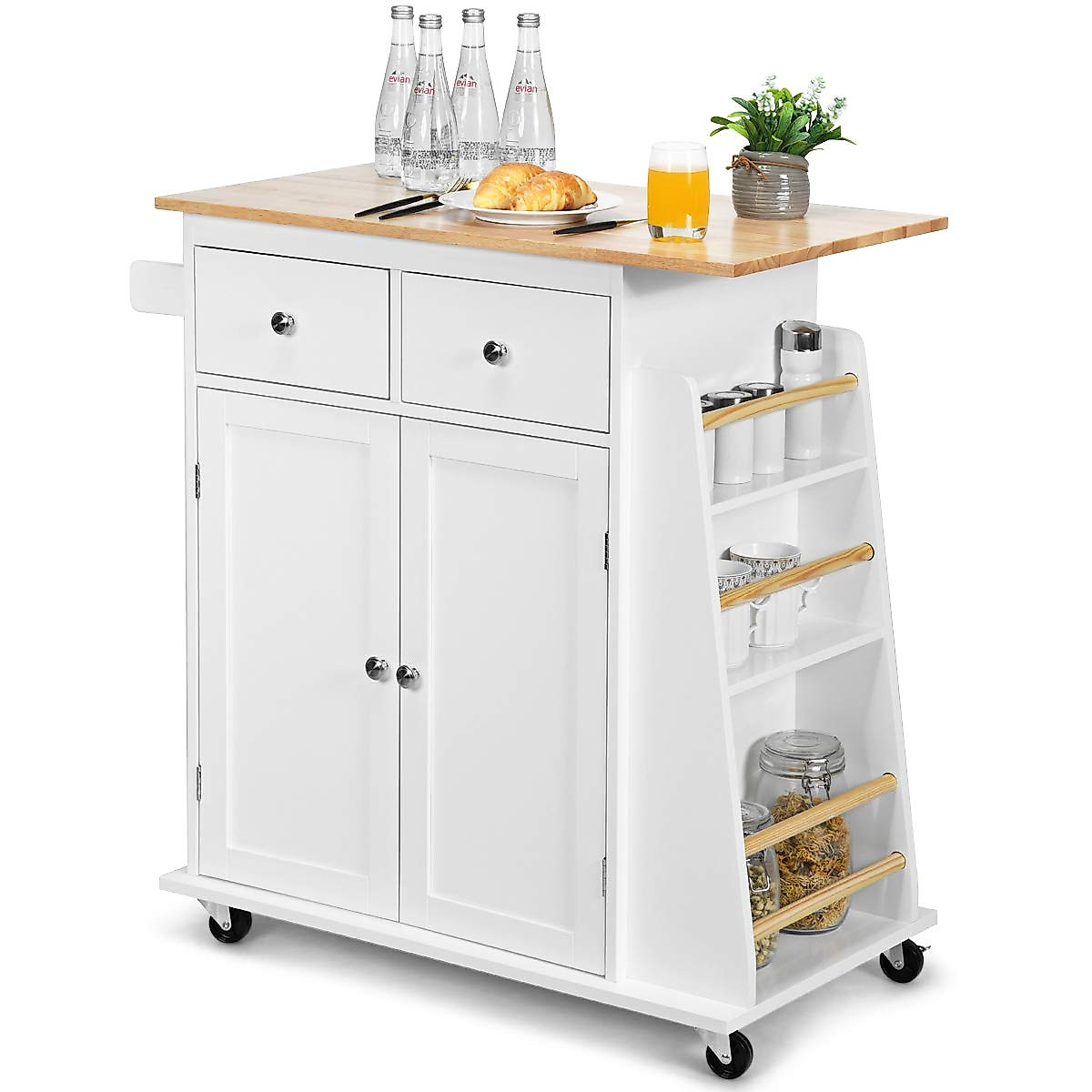 Giantex Kitchen Island Cart, Rolling Wood Trolley with Storage Cabinet, Towel Handle, 2 Drawers, Side Spice Rack and Wine Bottle Rack, Kitchen Cart on Wheels, Rubber Wood Countertop (White)
