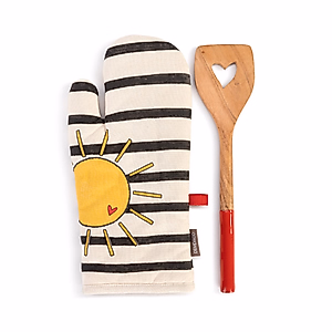 Demdaco Sun and Stripes Yellow 12 inch Cotton and Wood Oven Mitt and Spatula Set
