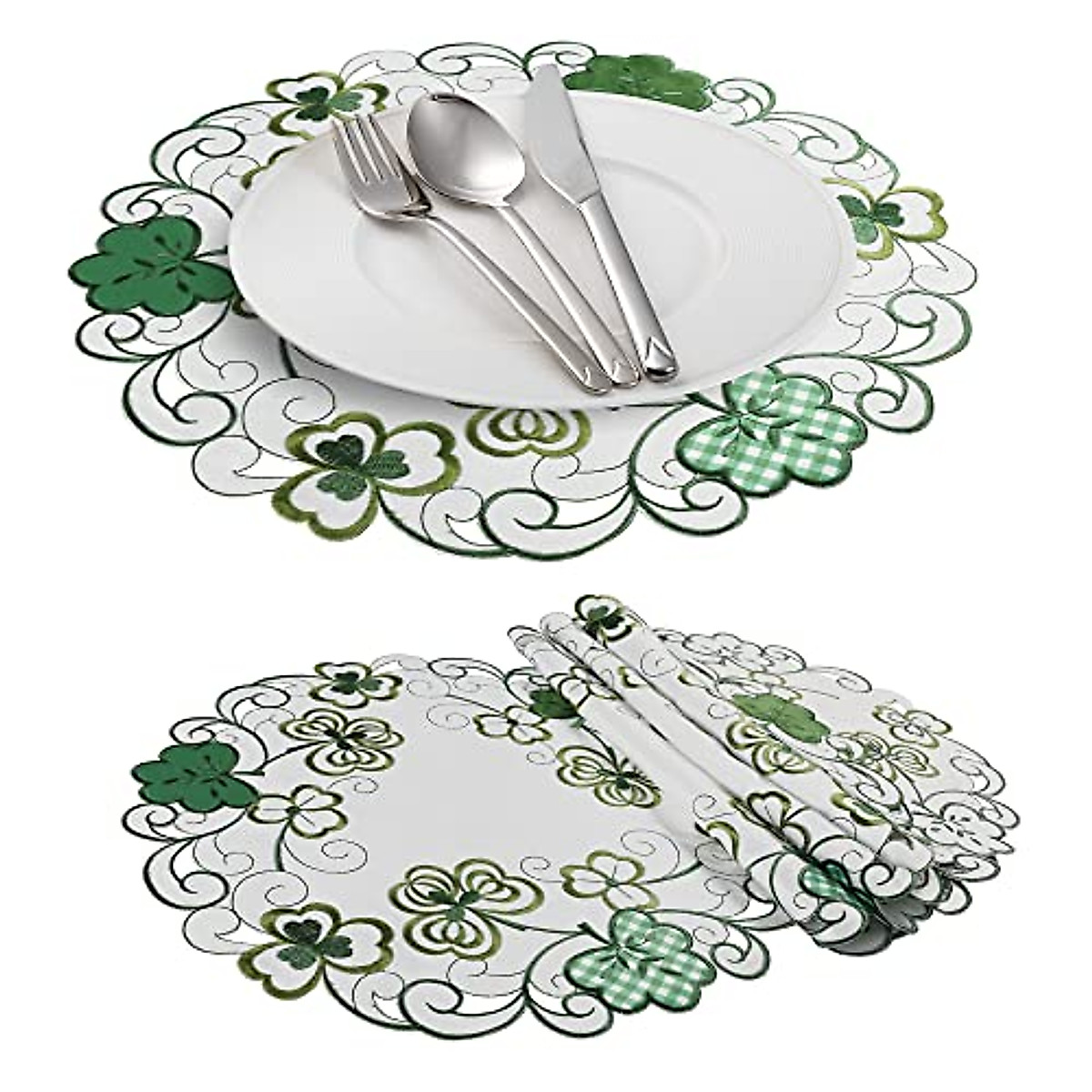 OWENIE St Patrick's Day Round Shamrock Placemats Set of 4, Embroidered Irish Clover Cutwork 15 Inch Placemats,Green Table Mats with Lucky Shamrocks, Round Doilies for Kitchen Dining Table
