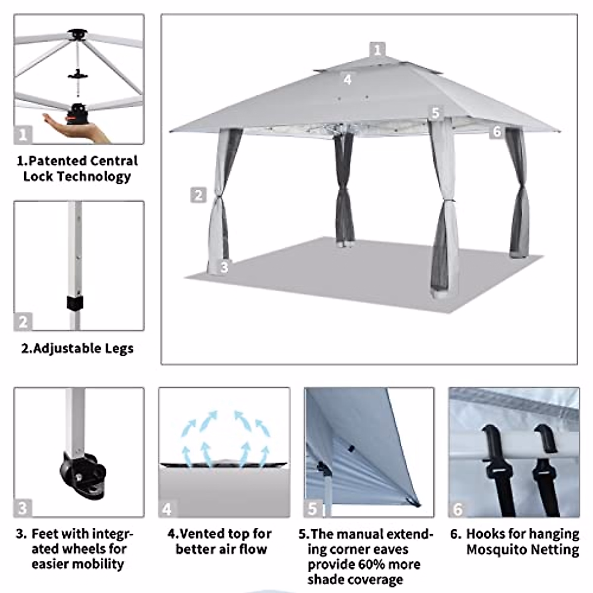 CROWN SHADES 13X13 Outdoor Pop Up Gazebo Base 10X10 Patio Gazebos Patented Center Lock Quick Setup Newly Designed Storage Bag Instant Canopy Tent with Mosquito Nettings(13x13, Grey)